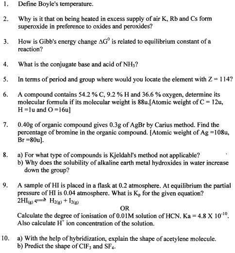 CBSE Class 11 Chemistry Question Paper Set A CBSE Class 11 Chemistry Question Paper Set A